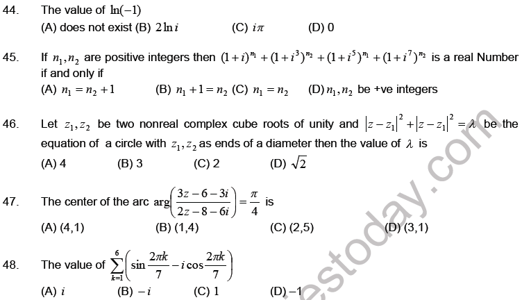 JEE Mathematics Complex Numbers MCQs Set C with Answers